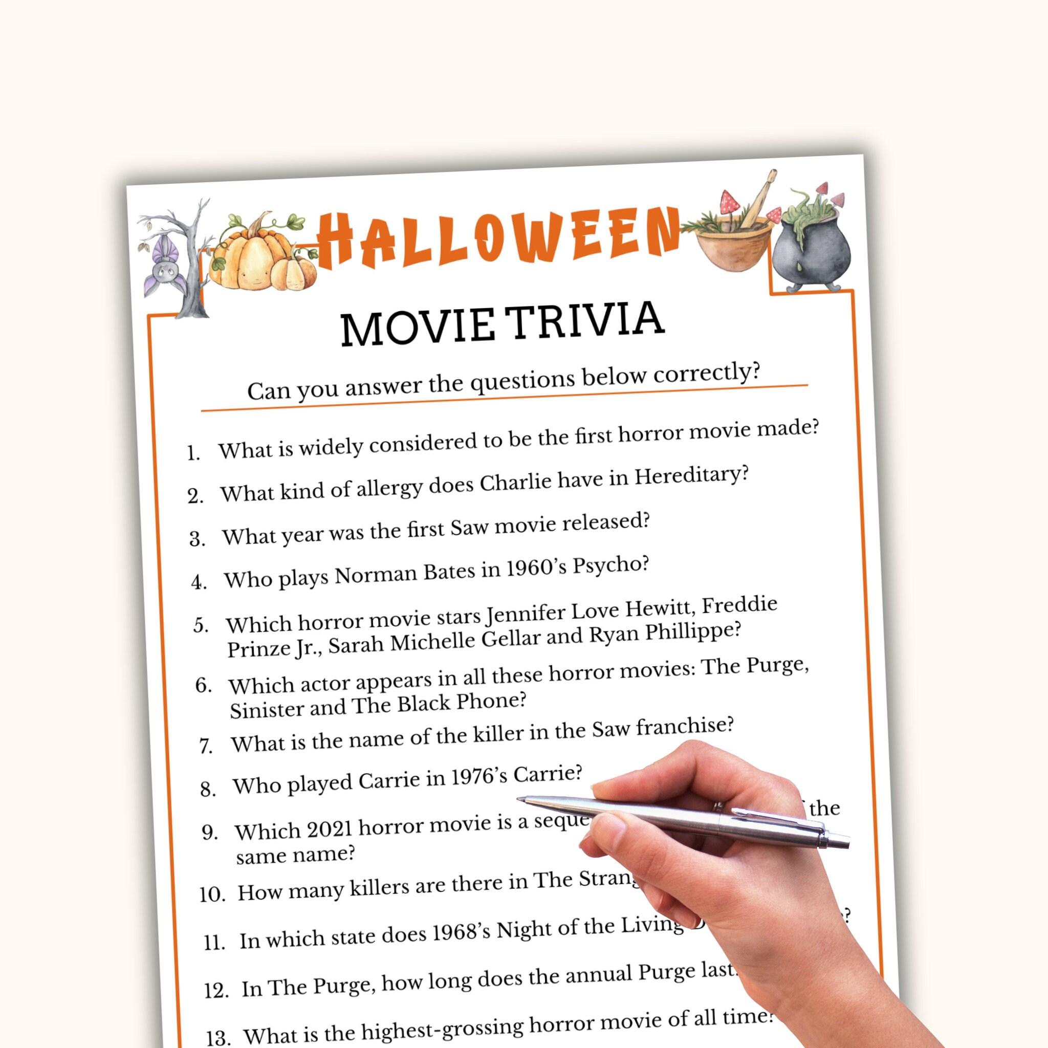 Halloween Movie Trivia - Printable Halloween Party Game for Teens and ...