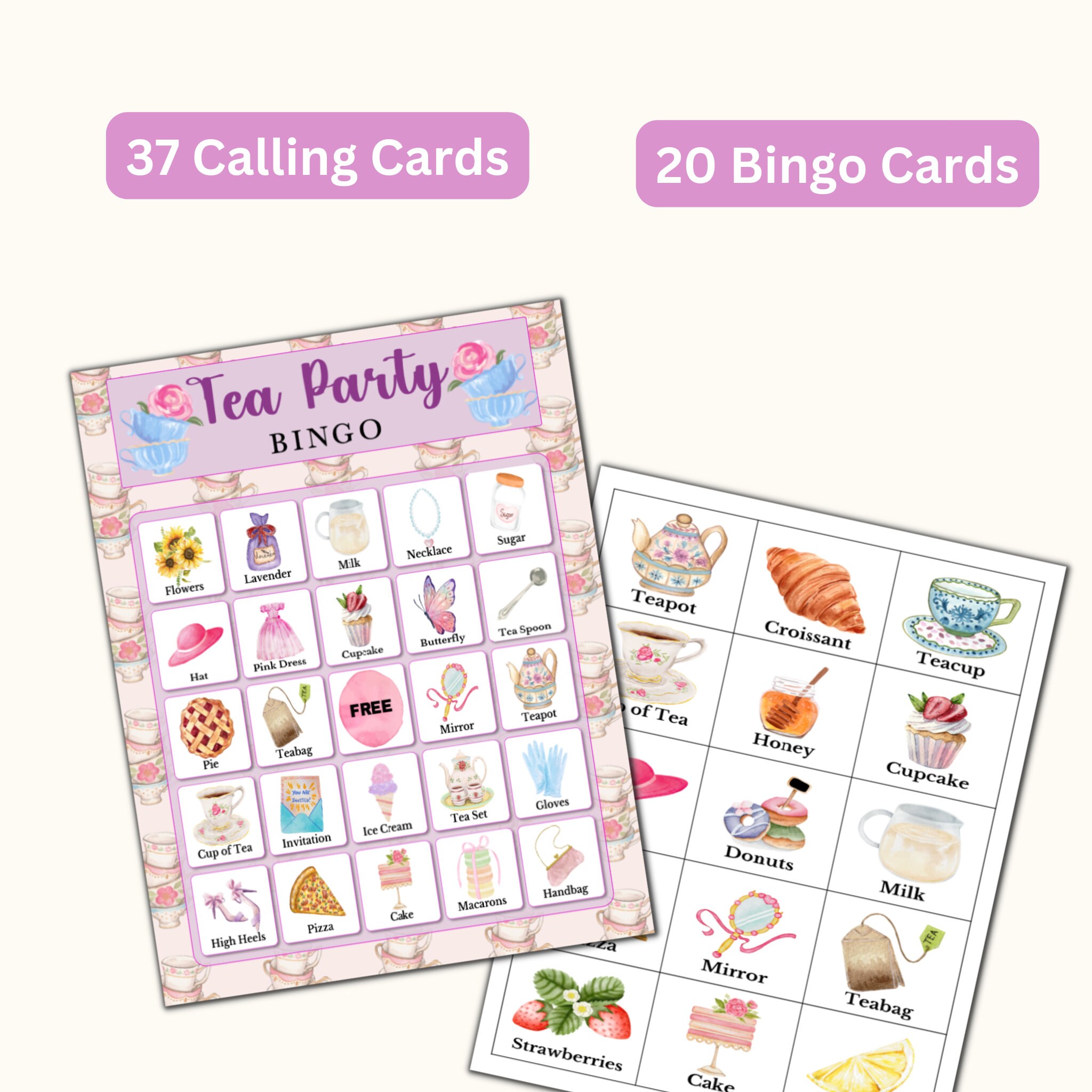 Printable Tea Party Bingo Cards 20 Unique Bingo Cards, Girls Birthday ...