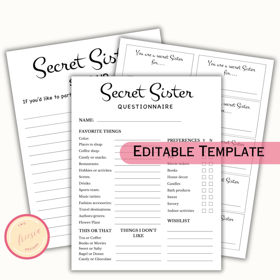 Secret Sister Questionnaire Editable Template - All About Me Survey ...