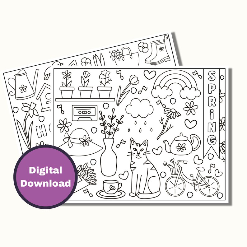 Printable Spring Doodle Coloring Pages - Placemat Activity Sheet for ...
