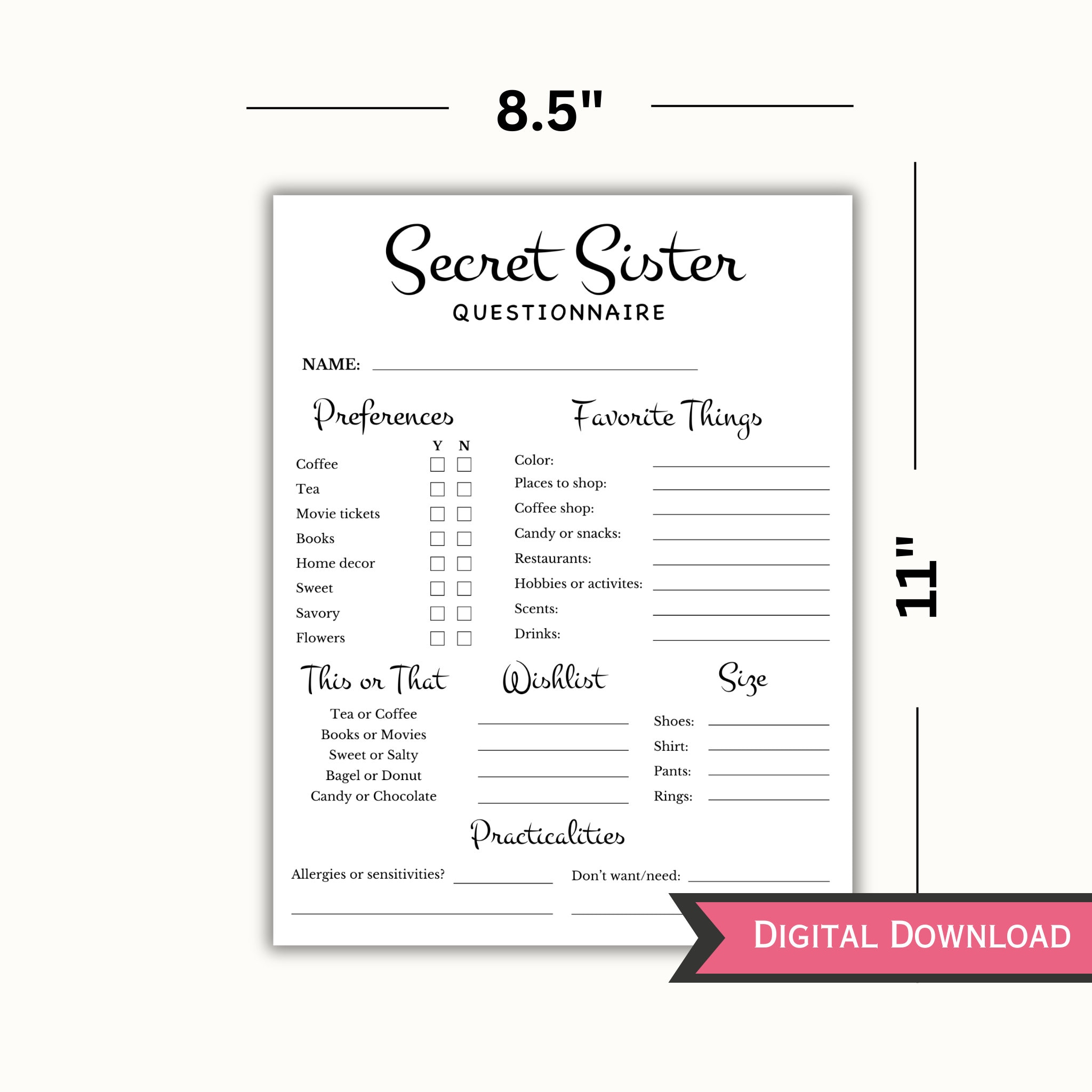 Editable Secret Sister Questionnaire All About Me Survey Gift Exchange ...