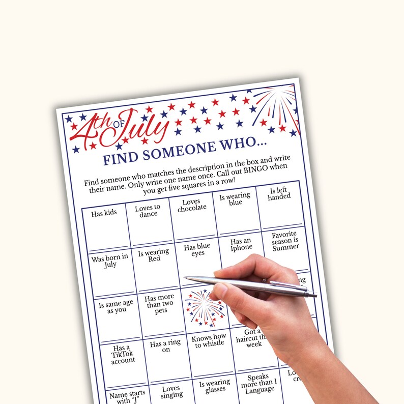 Find Someone Who Bingo Game Printable Fourth of July Game Independence ...