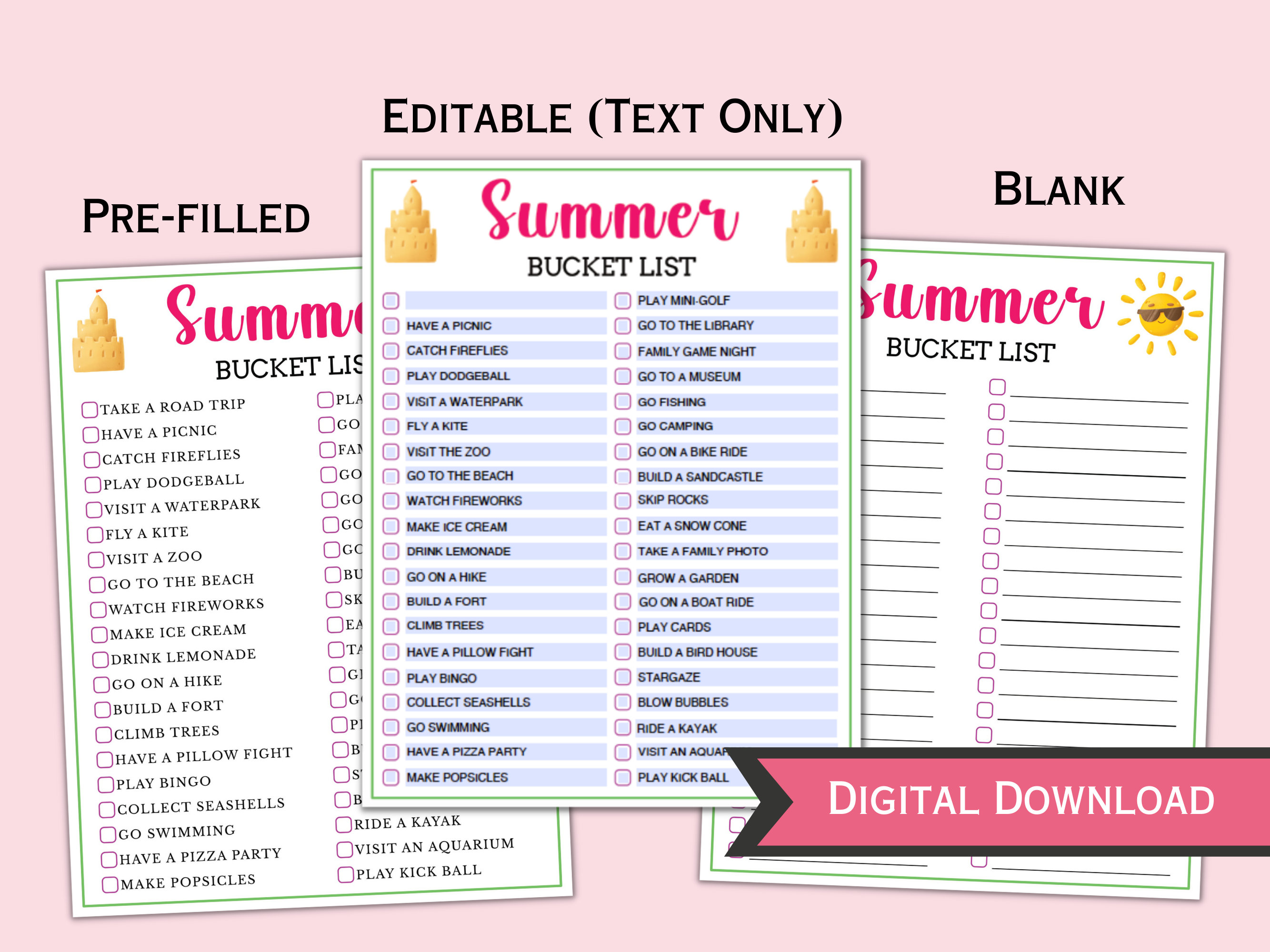 Editable / Fillable Summer Bucket List and 2024 Summer Calendar ...