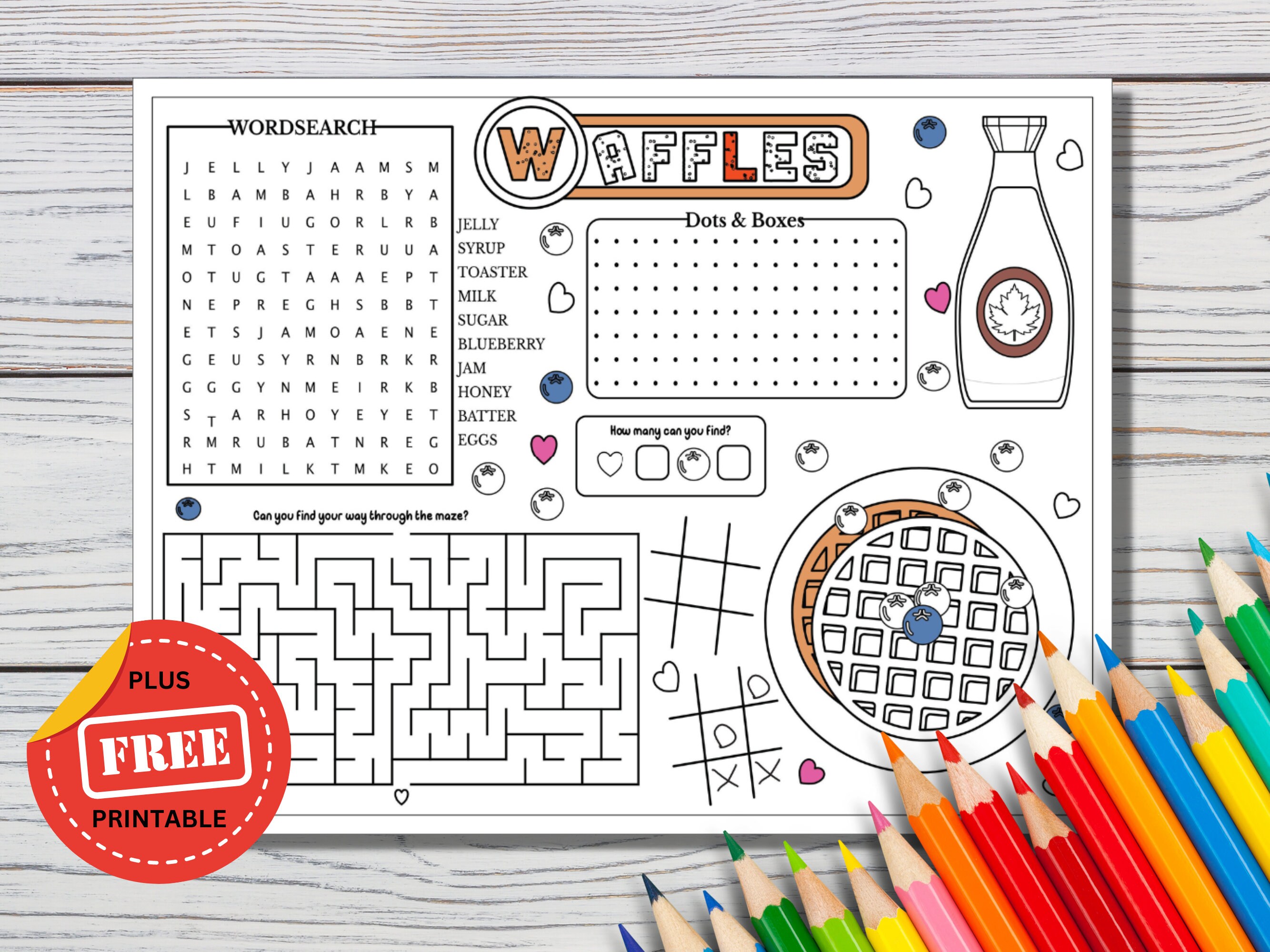 Waffles Coloring and Activity Placemat - Party Games Sheet for Kids - 8 ...