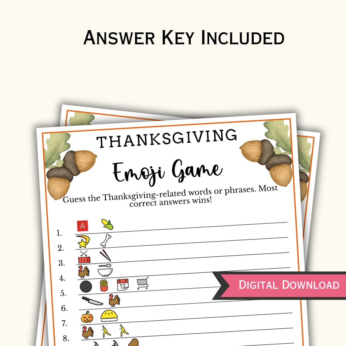 Thanksgiving Emoji Game - Printable Thanksgiving Party Game for Kids ...
