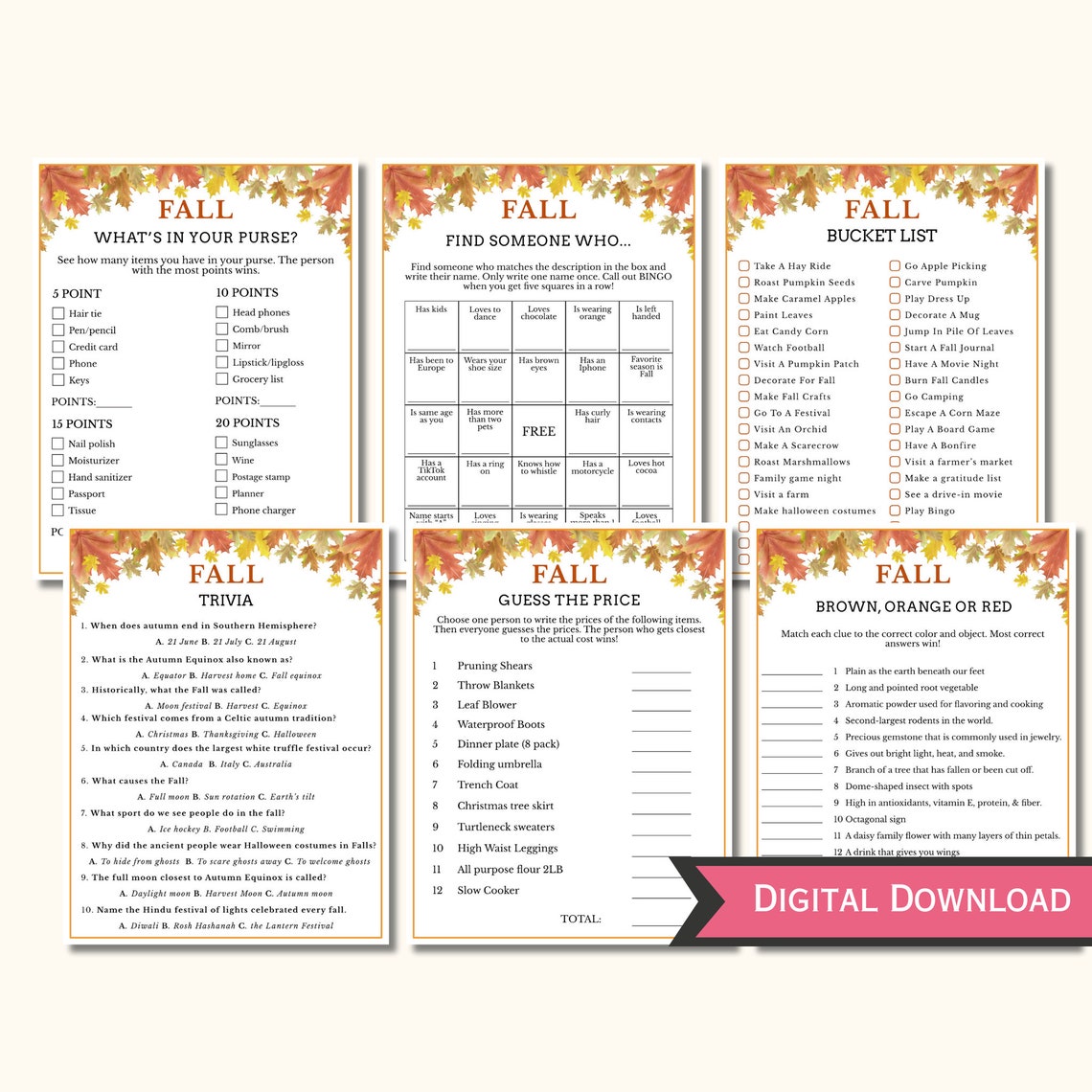 12 Printable Autumn Game Bundle - Fun Fall Time Activities for Adults ...