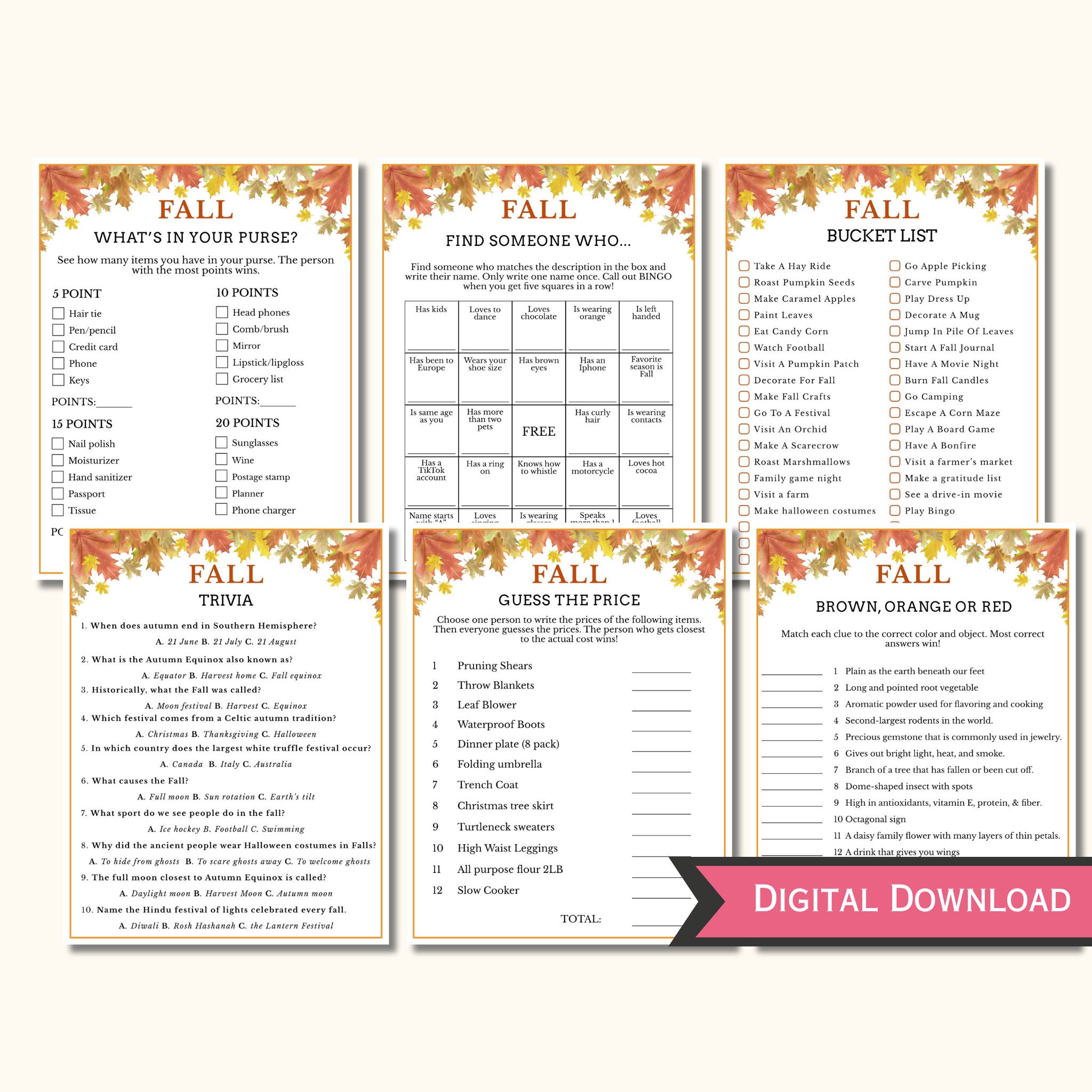 12 Printable Autumn Game Bundle Fun Fall Time Activities for Adults and ...