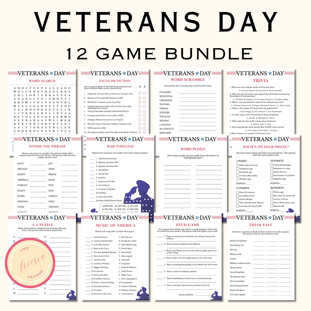 Veterans Day Game Bundle - American Trivia - 12 Printable Patriotic ...