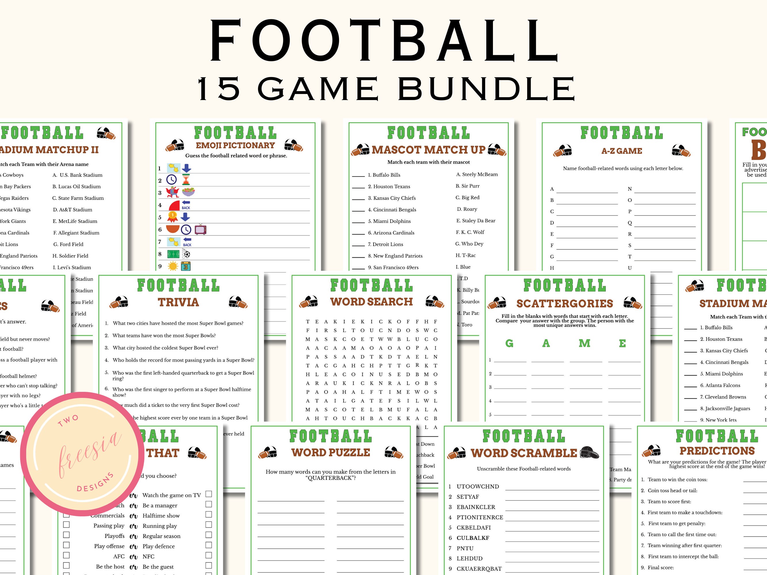 Football Game Bundle 15 Printable Football Party Games Pack Football ...