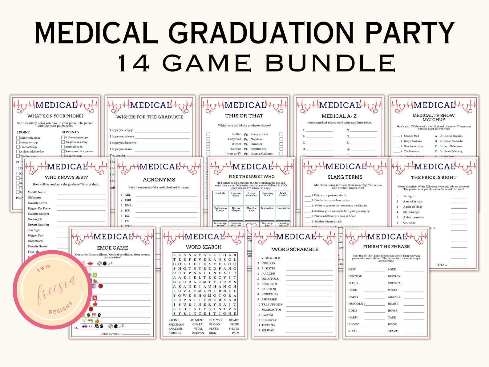 14 Printable Medical Party Game Bundle for Nurse, Doctor, Graduation ...