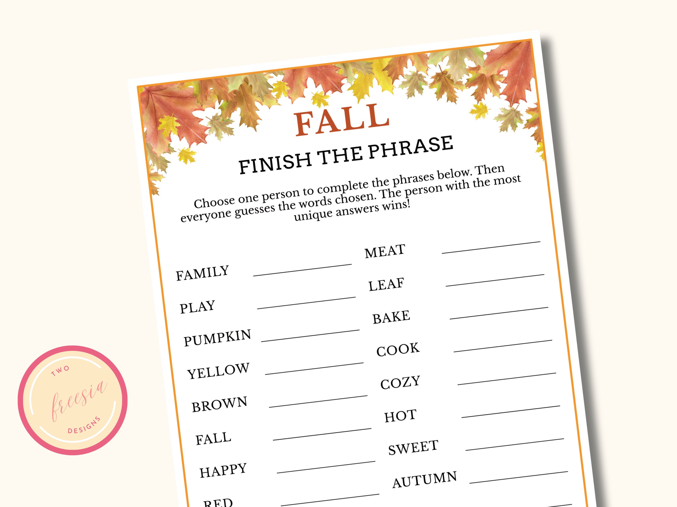 Fall Finish the Phrase Game - Printable Autumn Game - Fun Fall Time ...