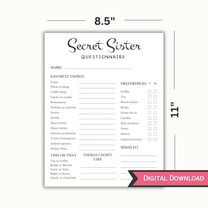 Secret Sister Questionnaire Editable Template - All About Me Survey ...
