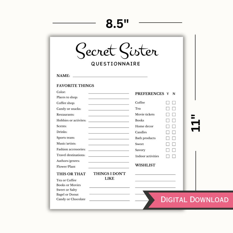 Secret Sister Questionnaire Editable Template - All About Me Survey ...