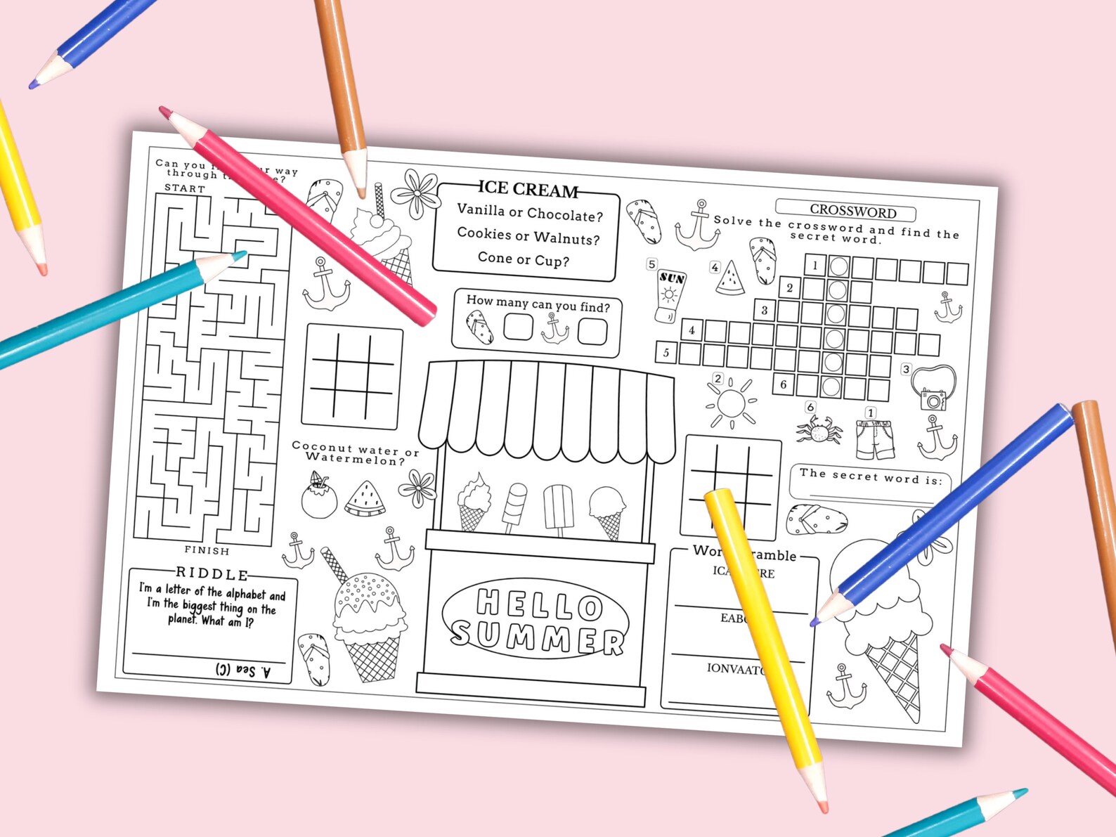 Summer Coloring and Activity Placemat - Printable Summer Activity Pages ...