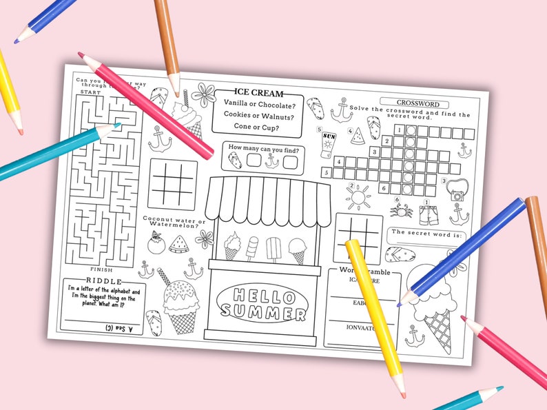 Summer Coloring and Activity Placemat - Printable Summer Activity Pages ...