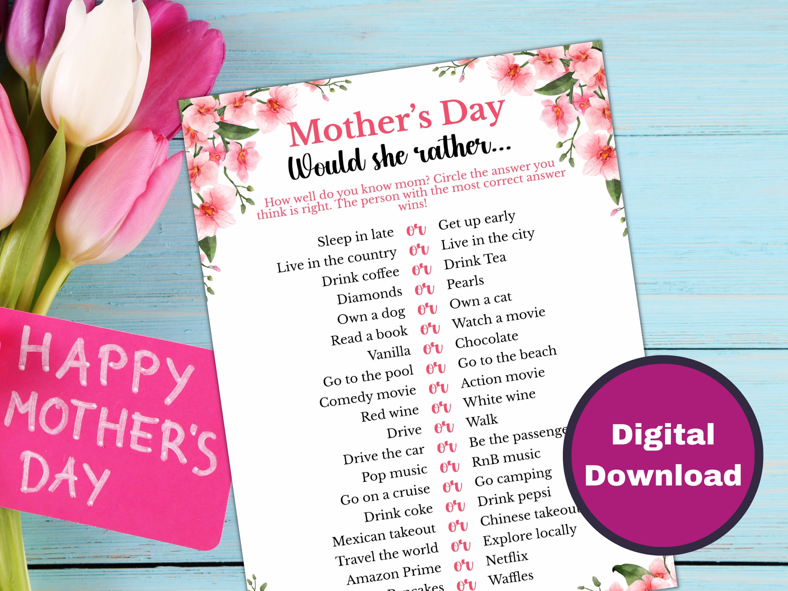 Printable Mother's Day Party Game - Would She Rather Game - Family Game ...