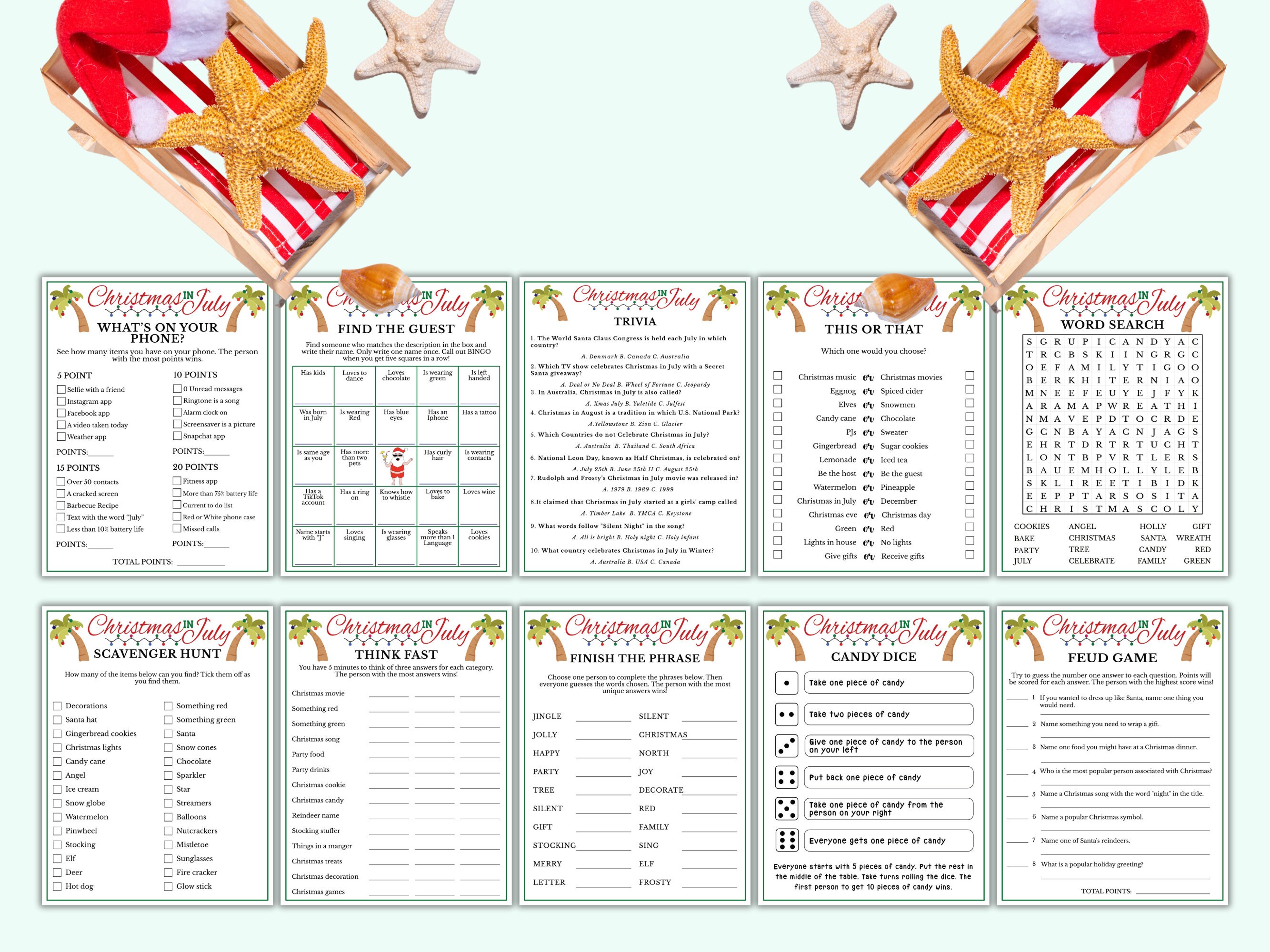 26 Printable Christmas in July Game Bundle - Christmas in July Games ...