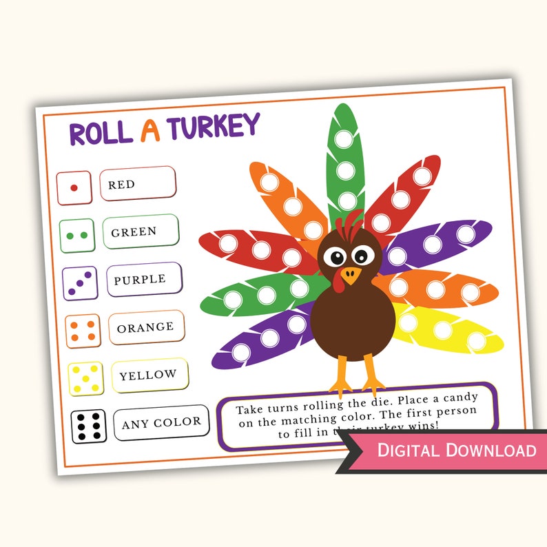 Roll a Turkey Dice Game - Printable Thanksgiving Game - Fall Activity ...