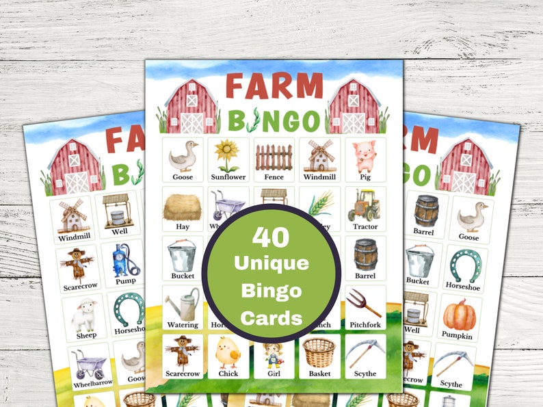 Farm Bingo Game for Kids and Adult - Barnyard Birthday - 40 Bingo Cards ...