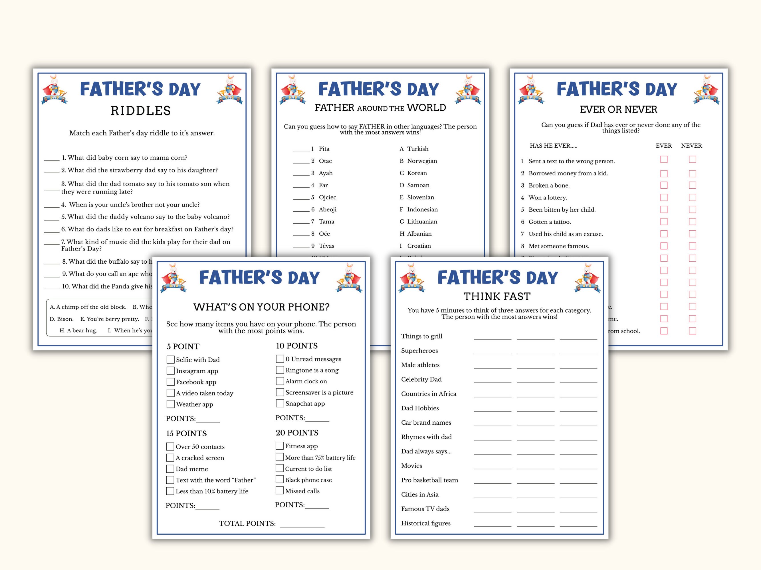 20 Printable Father's Day Game Bundle for Kids and Adults Family Party ...