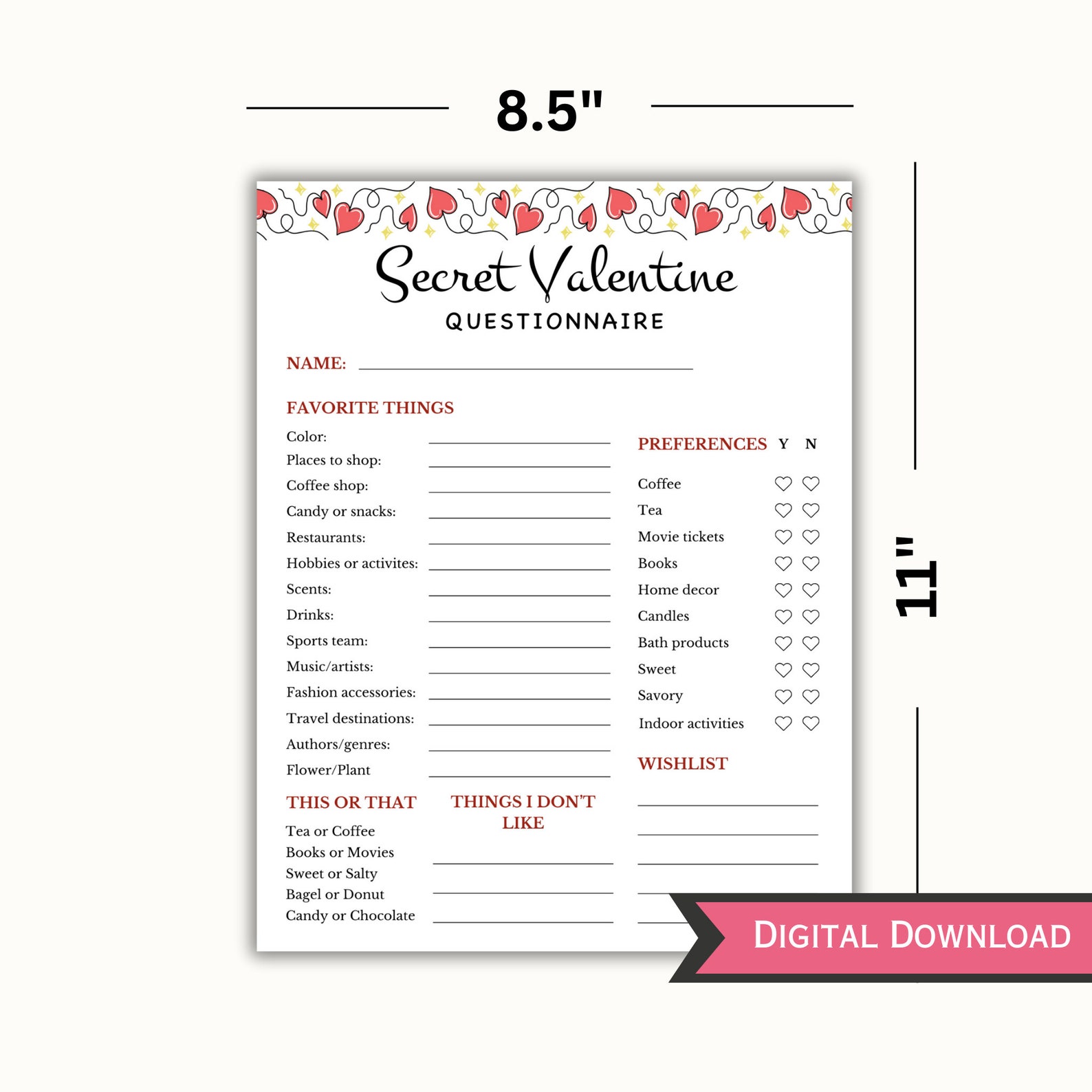 Secret Valentine Survey Questionnaire - Editable Valentine's Day Gift ...