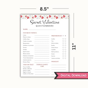 Secret Valentine Survey Questionnaire - Editable Valentine's Day Gift ...
