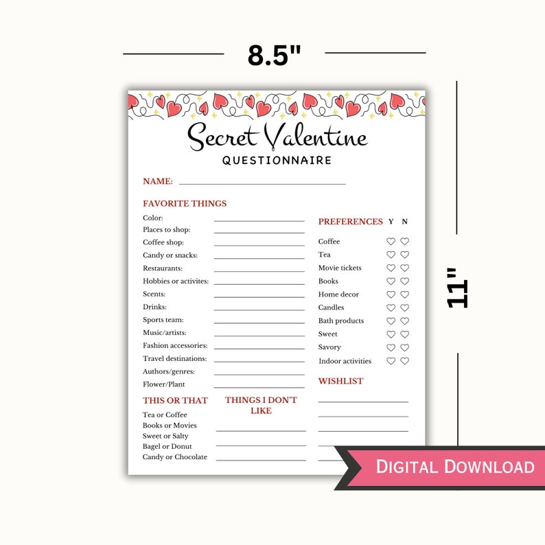 Secret Valentine Survey Questionnaire - Editable Valentine's Day Gift ...