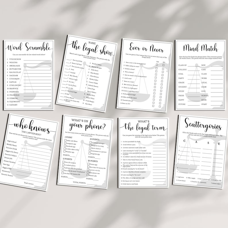 Law School Graduation 8 Game Bundle Lawyer Retirement Party Games ...