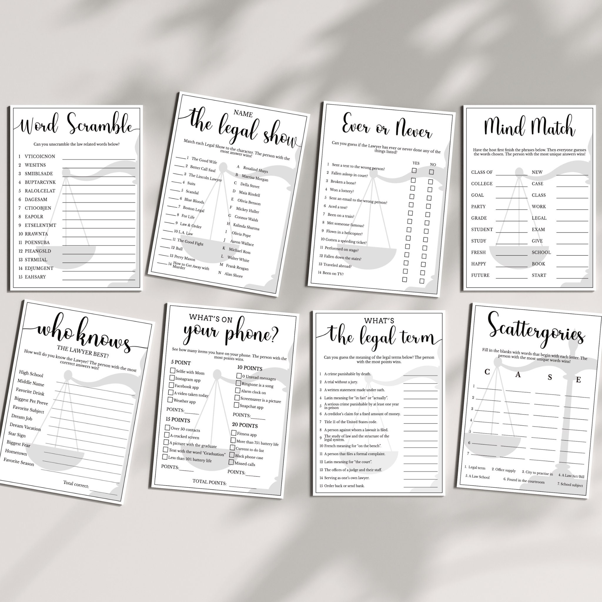 Law School Graduation 8 Game Bundle Lawyer Retirement Party Games ...