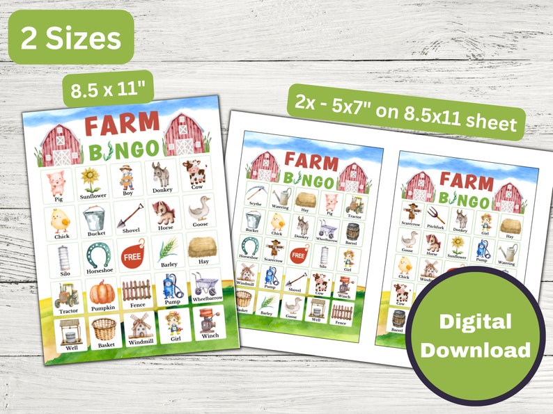 Farm Bingo Game for Kids and Adult - Barnyard Birthday - 40 Bingo Cards ...