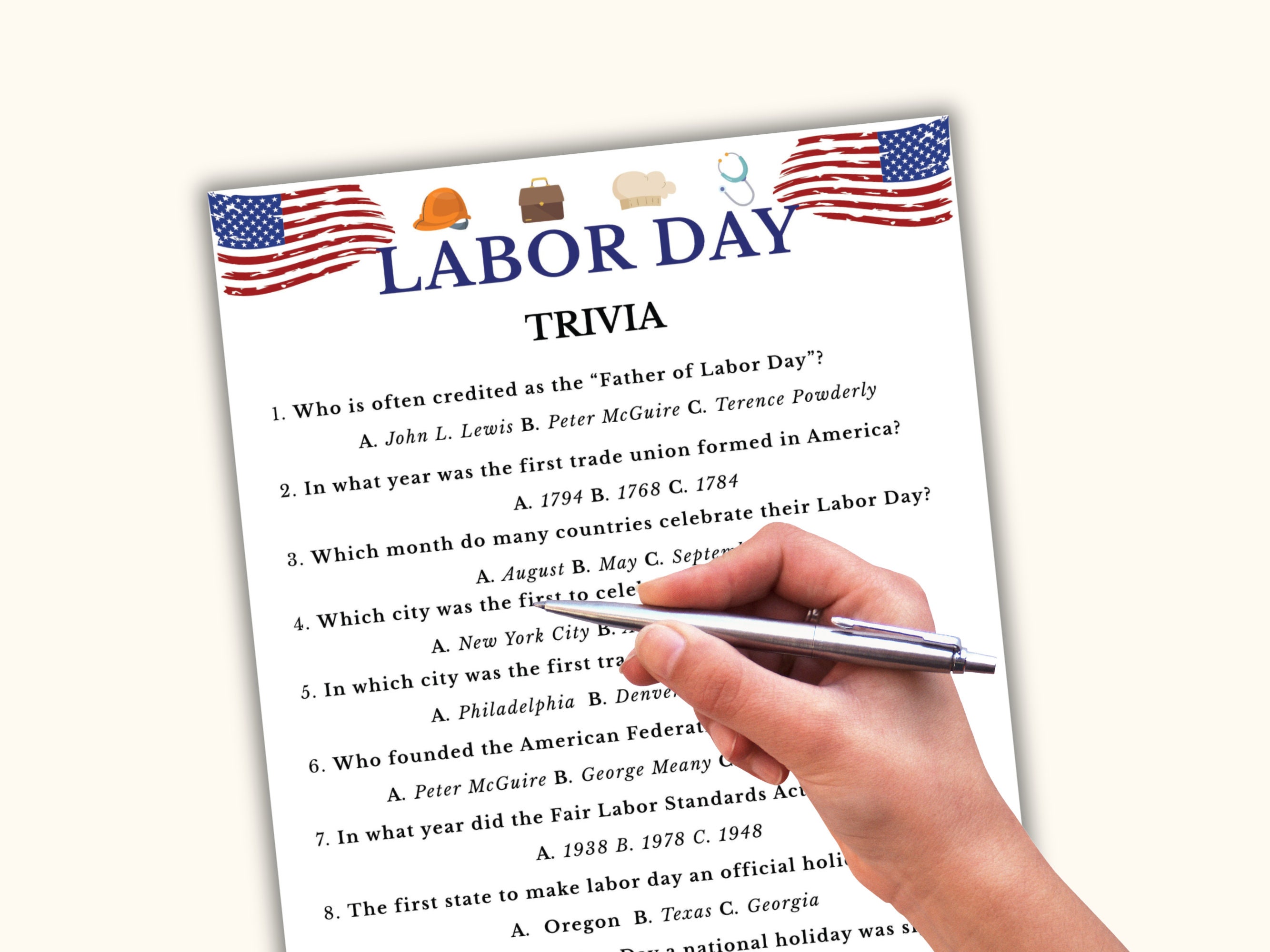 Trivia Game - Labor Day Party Game - Printable Labor Day Party Activity ...