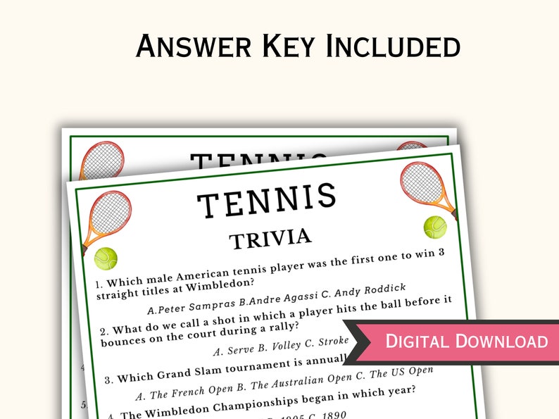 Tennis Trivia Game - Tennis-themed Party - Printable Tennis Party Game for Tennis Tournament ...