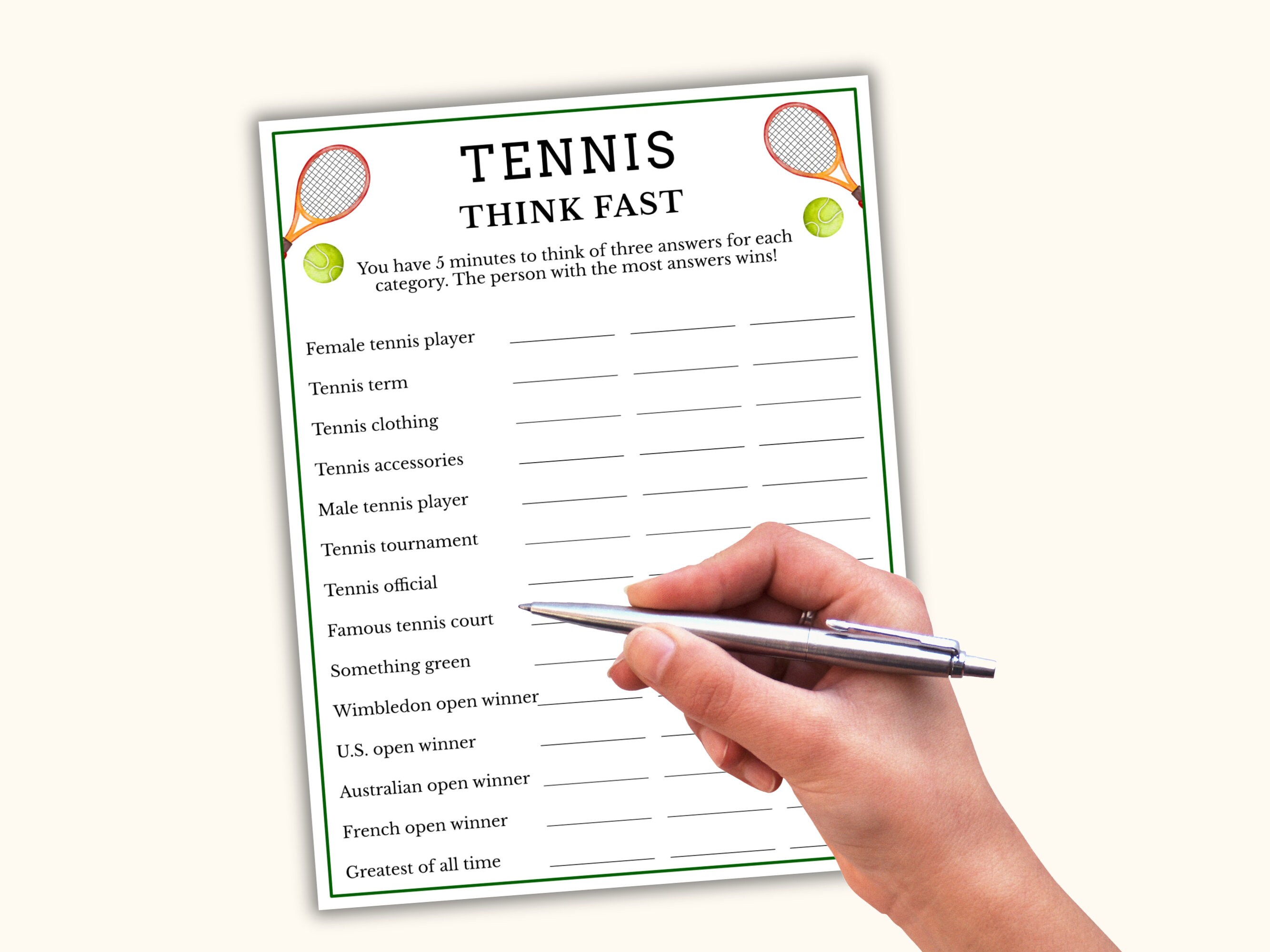 Tennis Think Fast Game - Tennis-themed Party - Printable Tennis Party ...