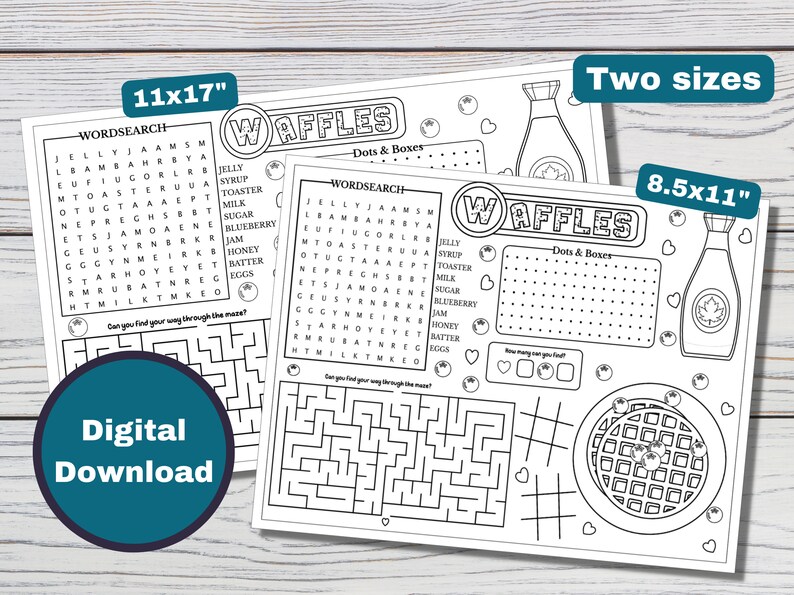 Waffles Coloring and Activity Placemat - Party Games Sheet for Kids - 8 ...