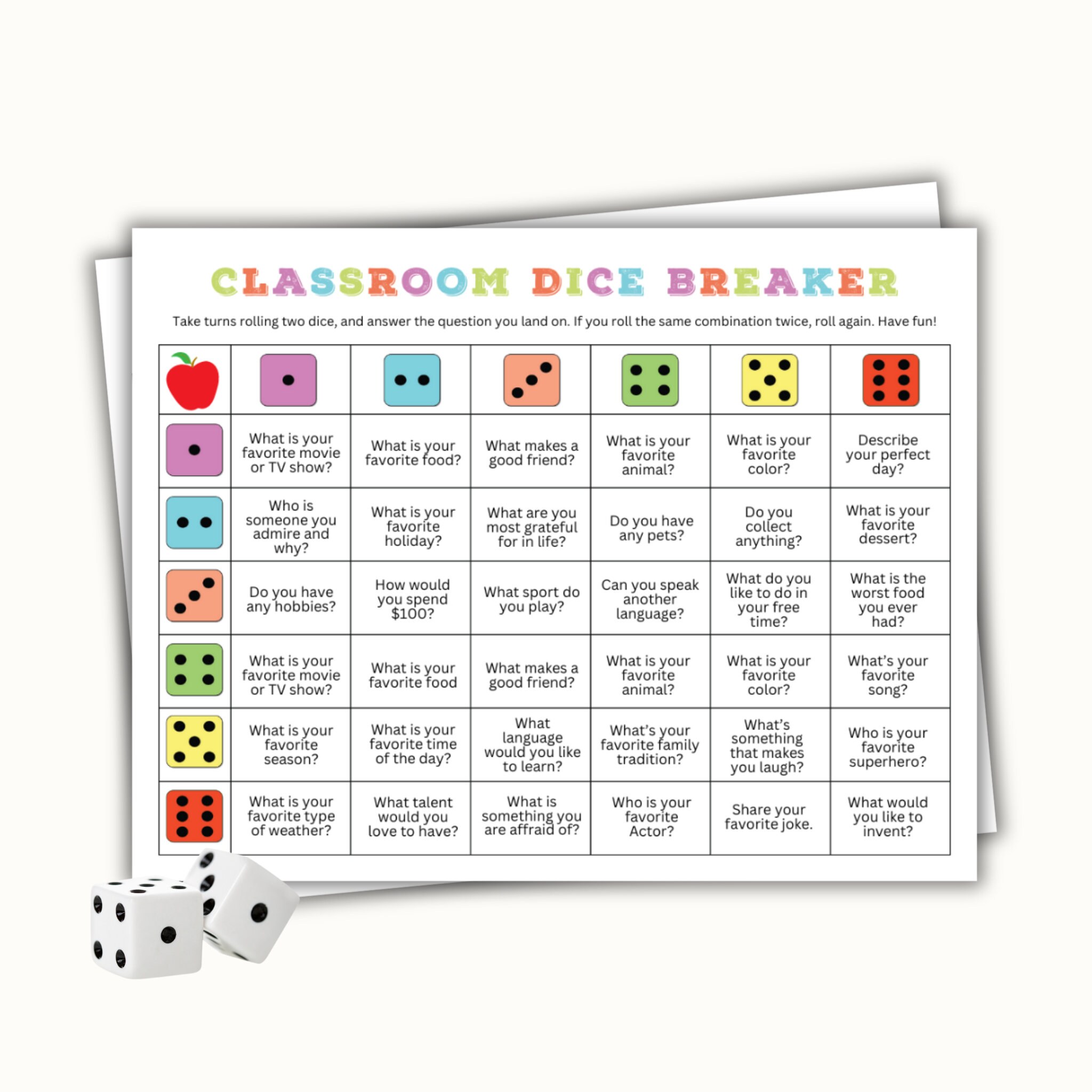 Classroom Icebreaker Activity - Back to School Dicebreaker - Roll ...