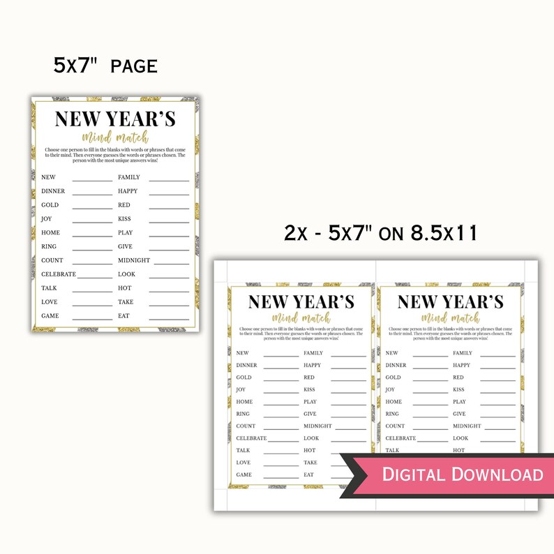 New Years Mind Match Game, Printable New Years Party Game for Kids and ...