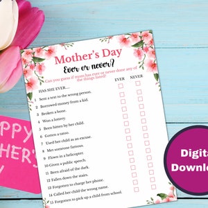 Printable Mother's Day Party Game - Ever or Never Game - Family Game ...
