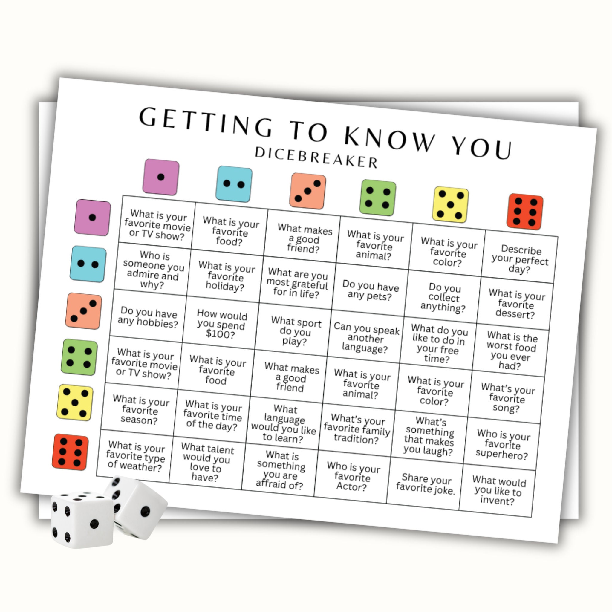 Getting to Know You Dice Game - Back to School - Classroom Icebreaker ...