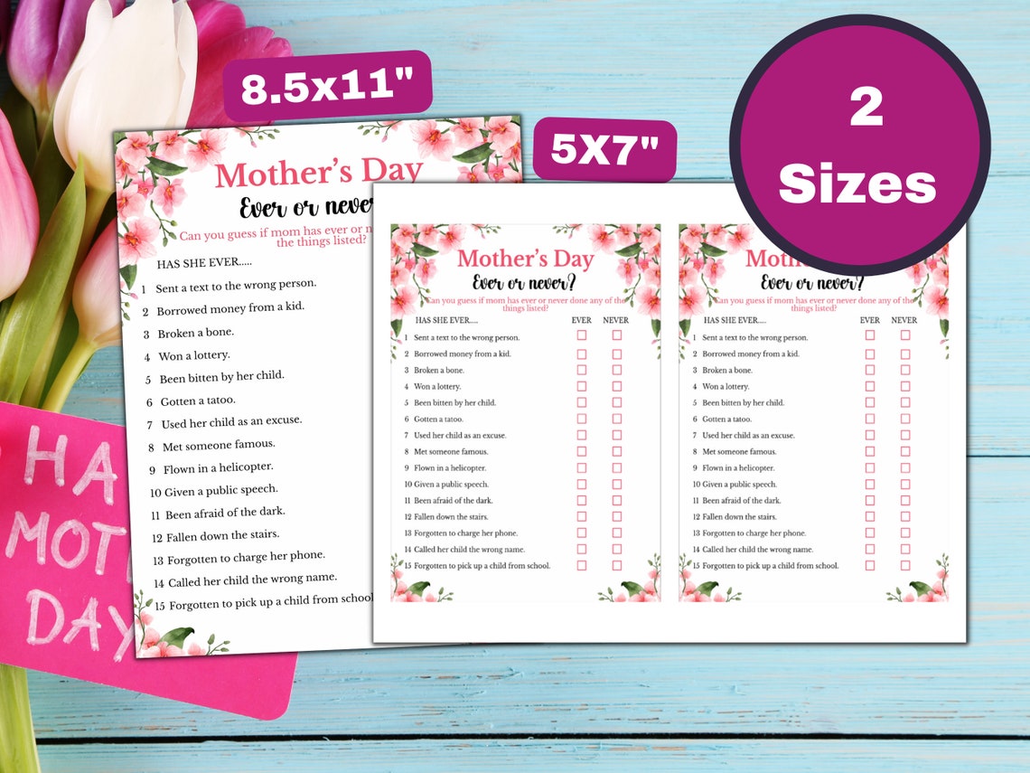 Printable Mother's Day Party Game - Ever or Never Game - Family Game ...