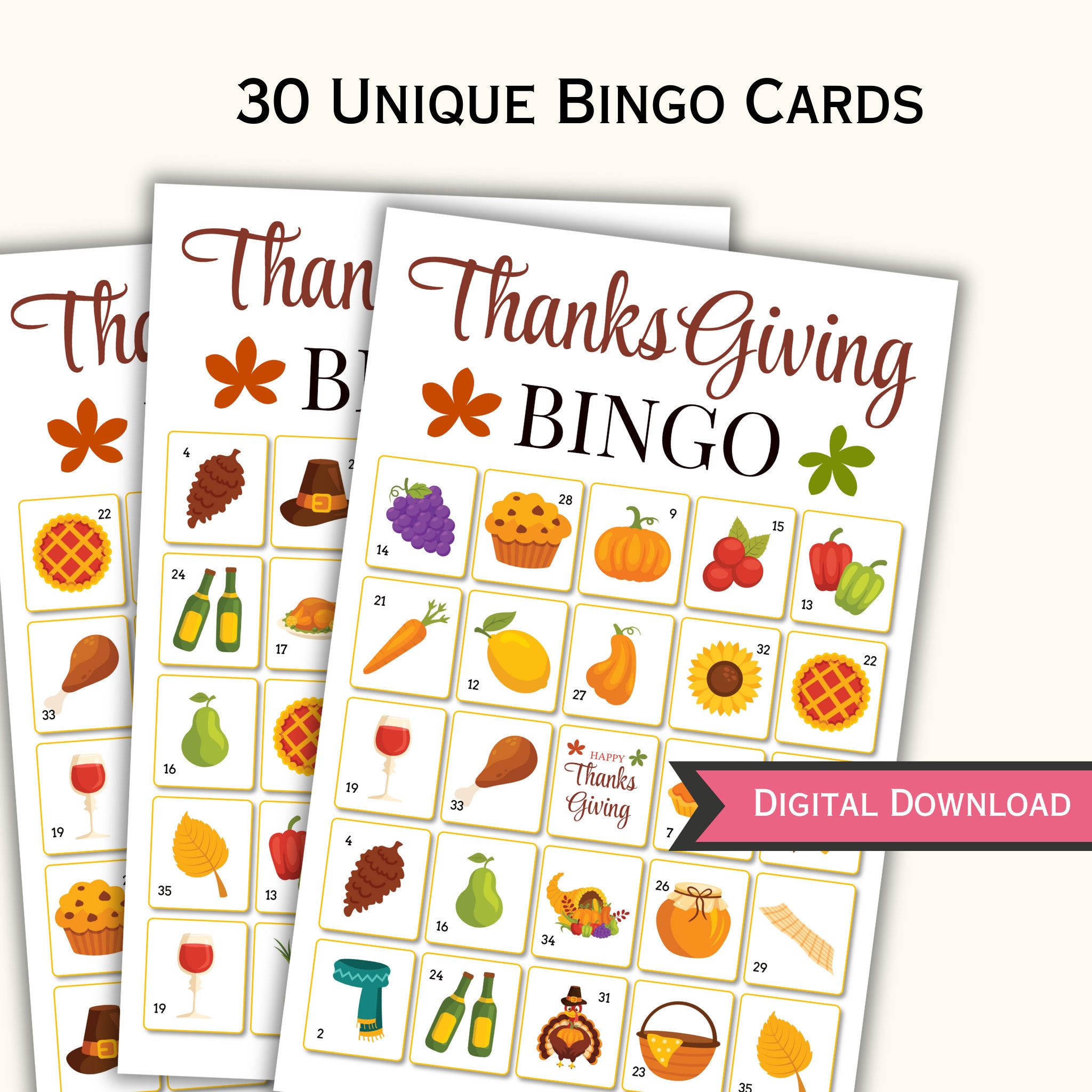 30 Thanksgiving Bingo Cards - Printable Thanksgiving Games for Kids and ...