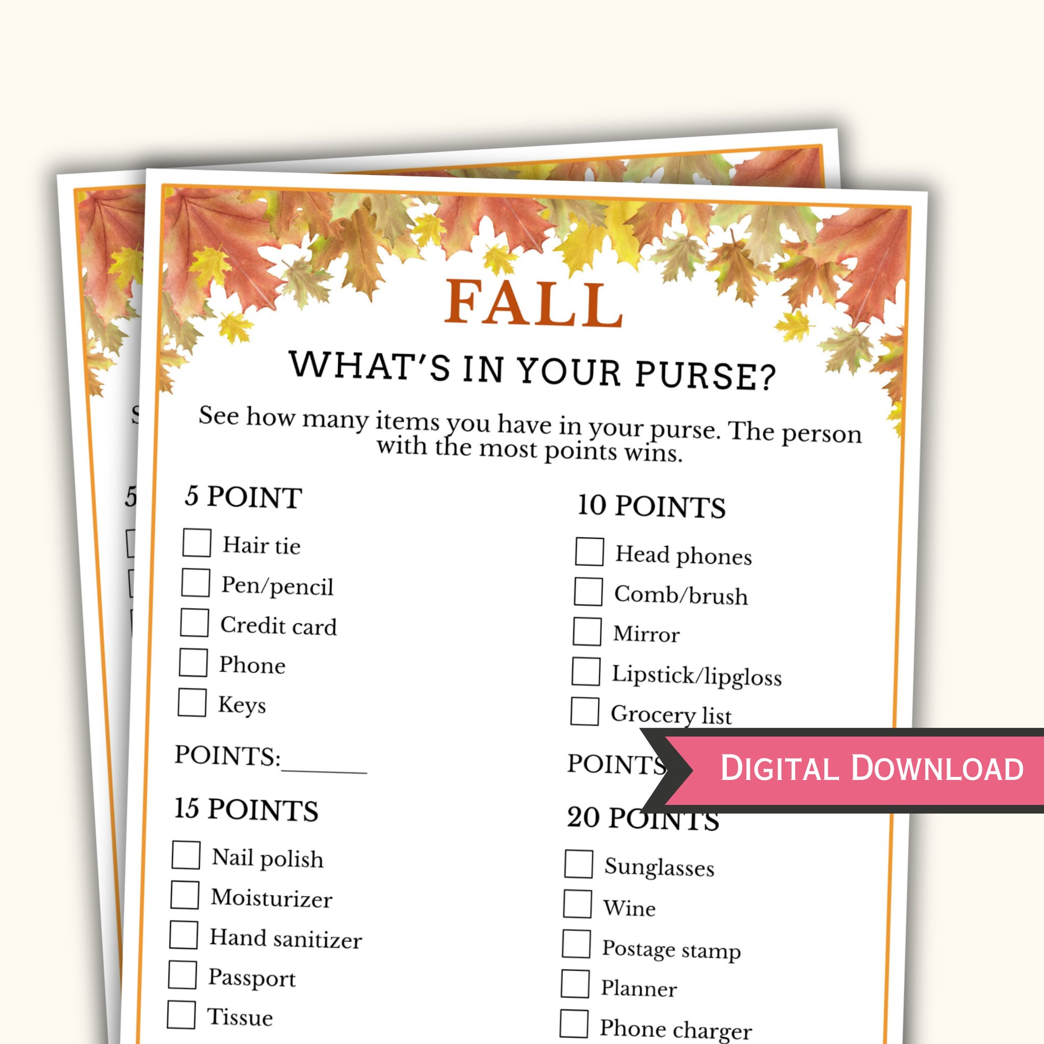 What's in Your Purse Game Printable Autumn Game Fun Fall Time ...