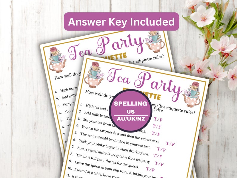 Tea Etiquette Game - Printable Tea Party Games for Birthdays, Bridal ...