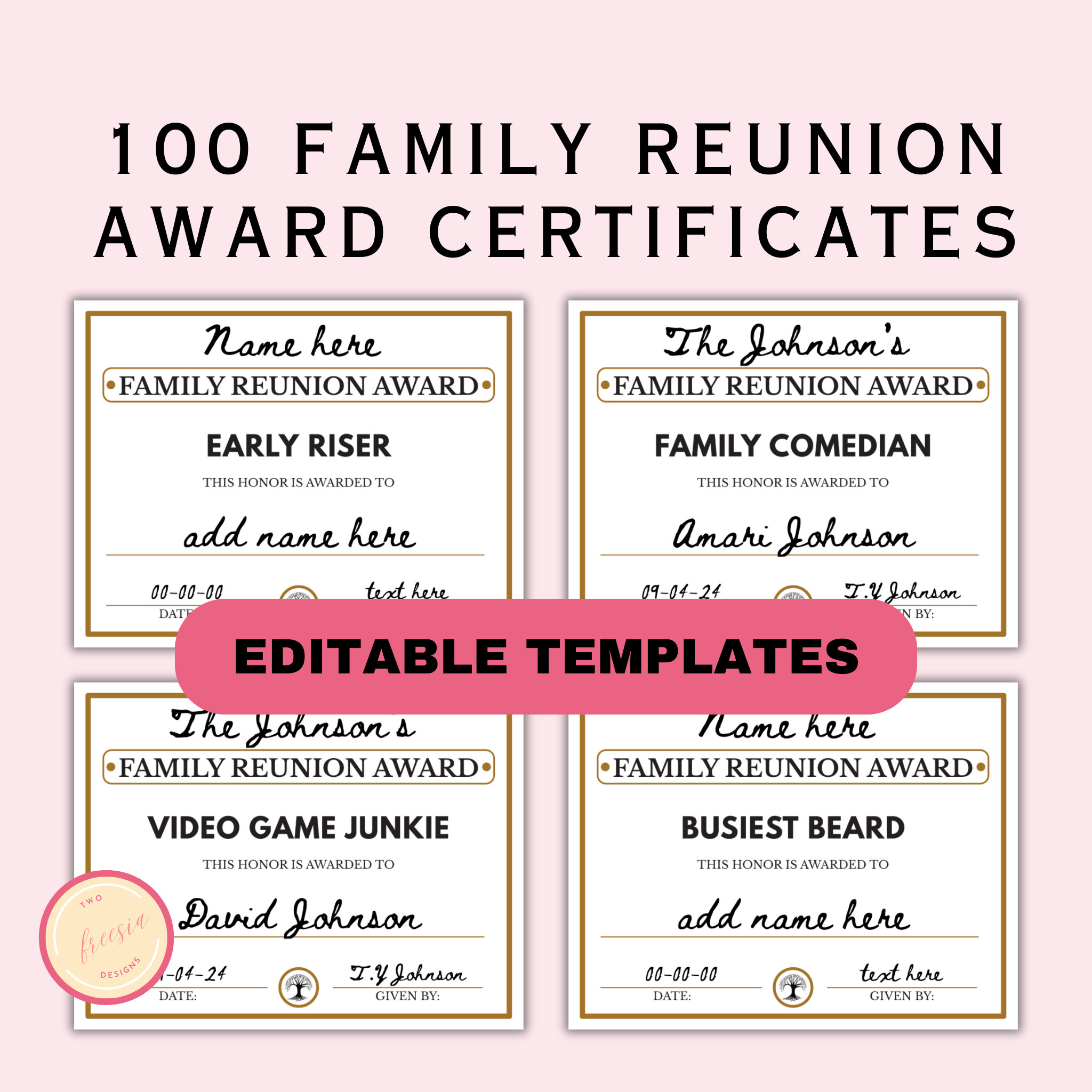 Family Reunion Award Certificates - Editable 100 Funny Family Reunion ...