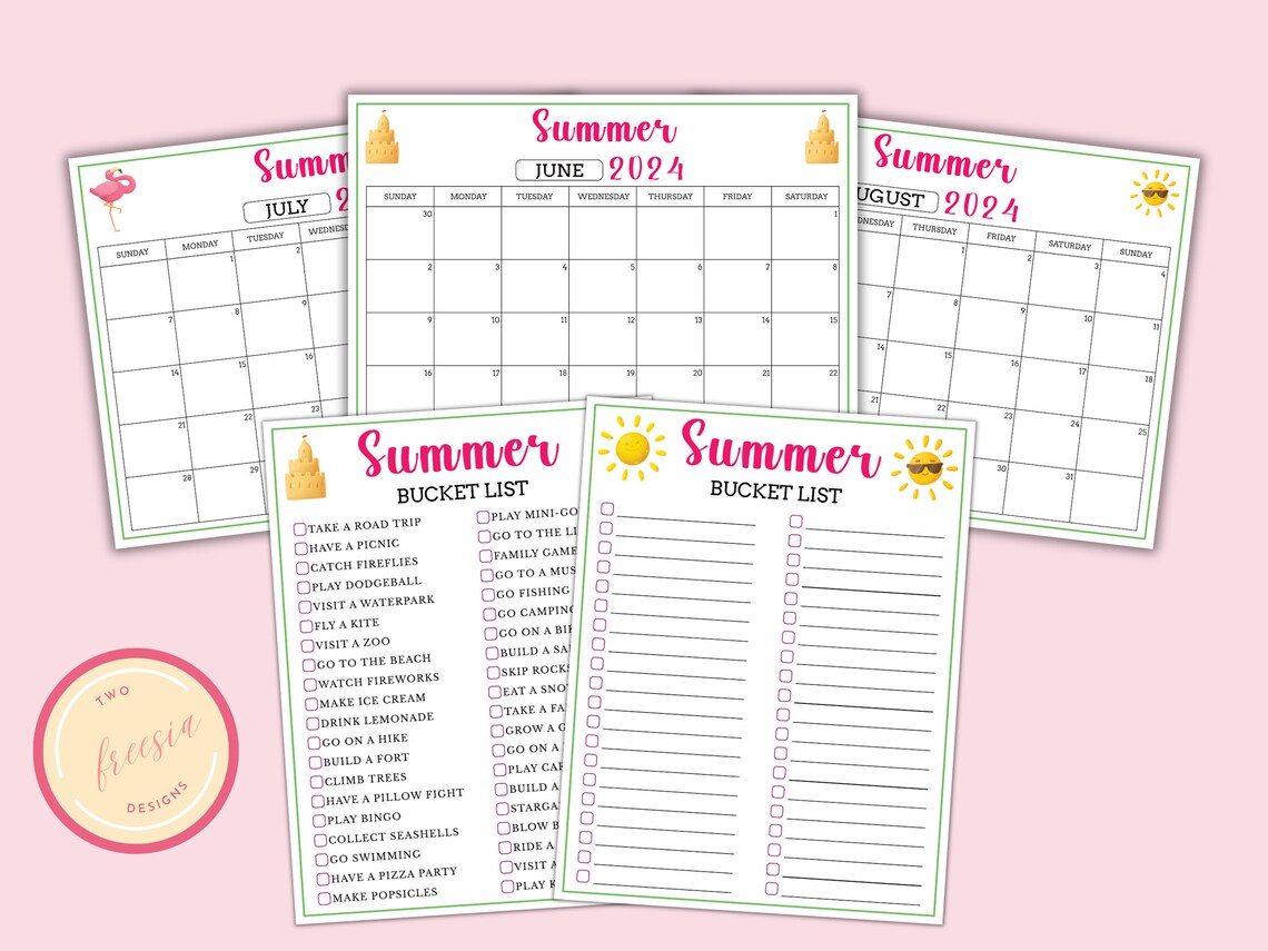 Editable / Fillable Summer Bucket List and 2024 Summer Calendar ...