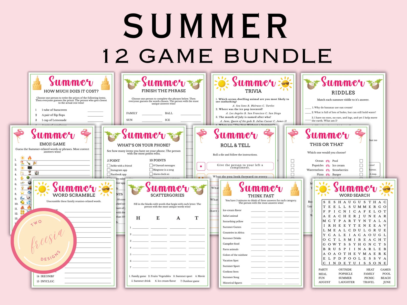 12 Printable Summer Game Bundle for Kids and Adults - Beach, Pool Party ...