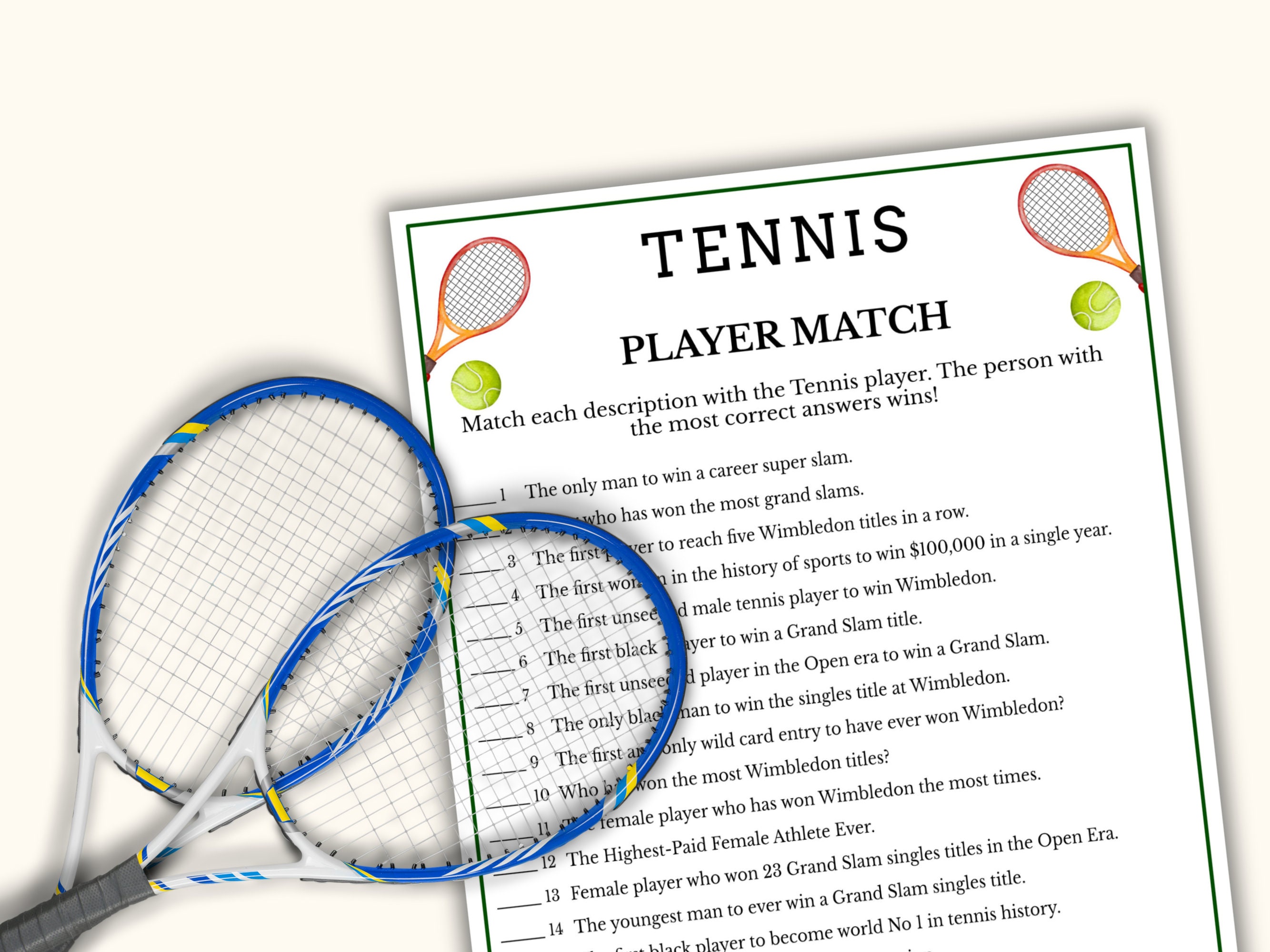 Printable Tennis-themed Party Game - Tennis Player Match - Tennis Party ...