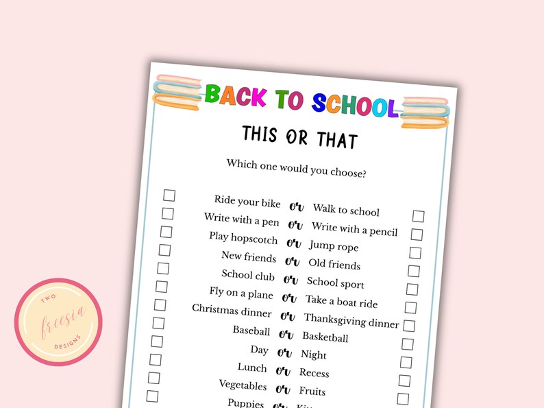 This or That - Printable Back to School Game - First Day of School ...