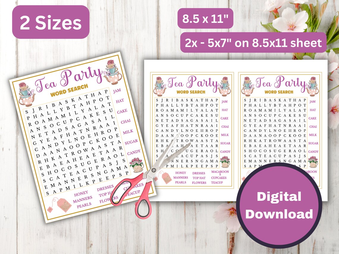 Tea Party Word Search - Printable Tea Party Games for Birthdays, Bridal ...