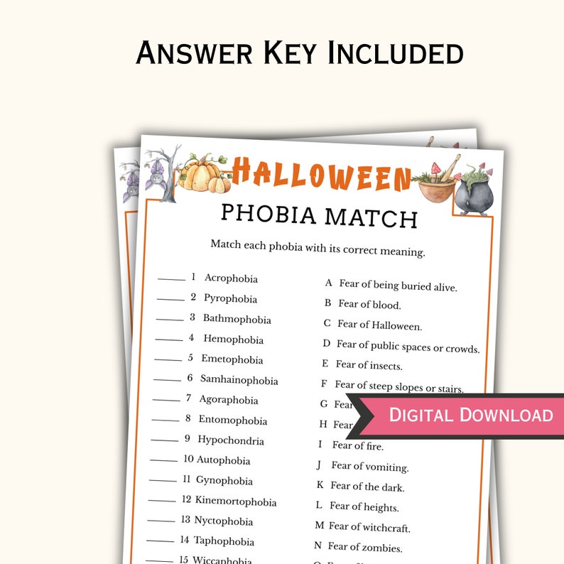 Phobia Match up Game - Printable Halloween Party Game for Teens ...
