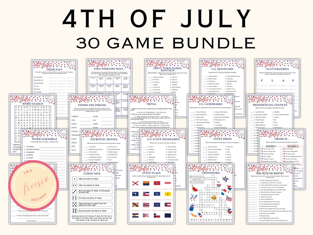 4th of July Games - 30 Printable Fourth of July Game Bundle for Kids ...